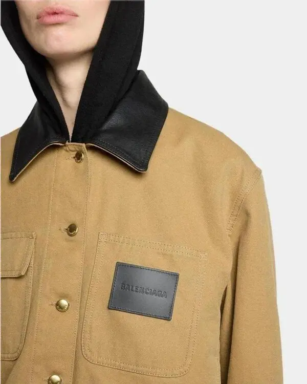 Balenciaga Leather-collar Cropped Canvas Workwear Jacket