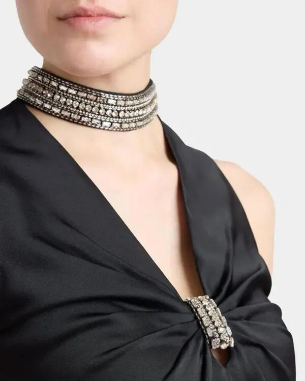 Valentino Garavani Embroidered Choker V-neck Satin Mini Dress - Nero/silver