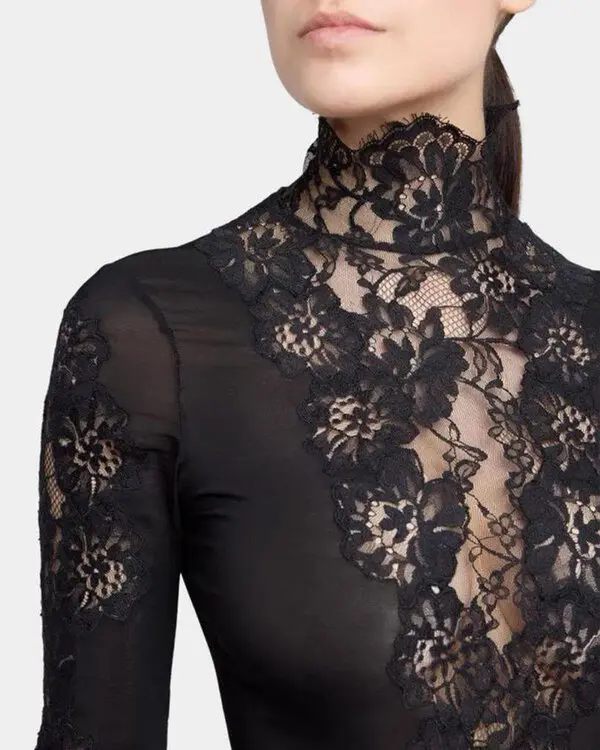 Valentino Garavani Turtleneck Lace & Jersey Long-sleeve Bodysuit - Nero
