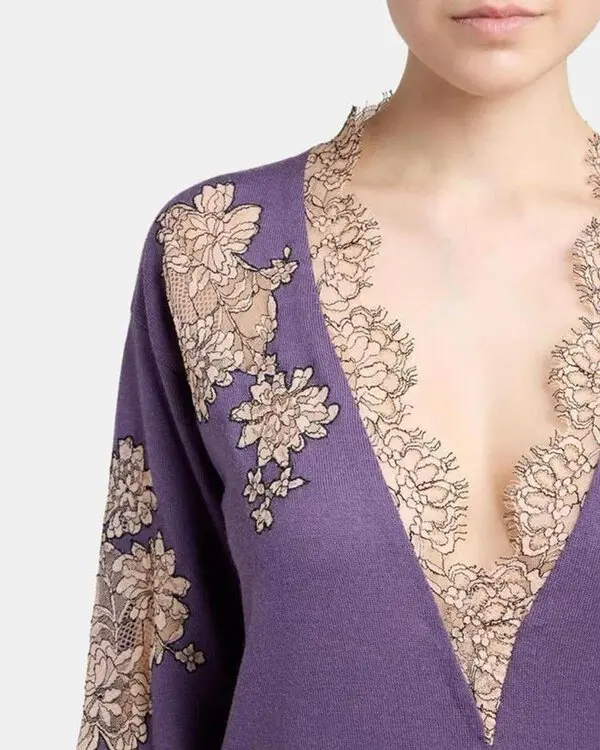 Valentino Garavani Lace-inset Plunging Wool Sweater - Light Lily