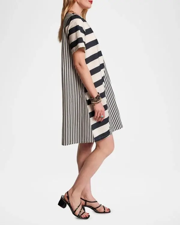 FRANCES VALENTINE Schooner Mixed Stripe Cotton Dress - Navy/oyste