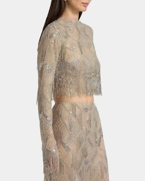 Lapointe Geometric Crystal Fringe Crop Top