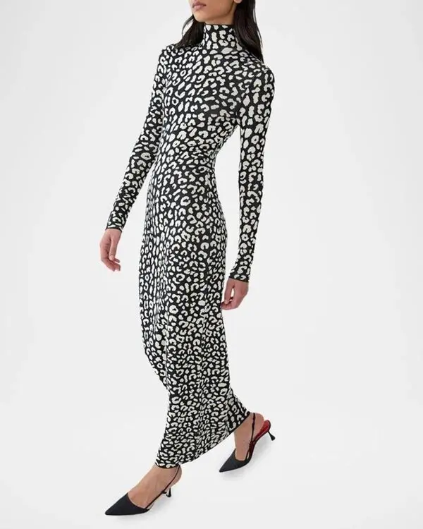 Carolina Herrera Long-sleeve Leopard Maxi Turtleneck Dress - Black Multi