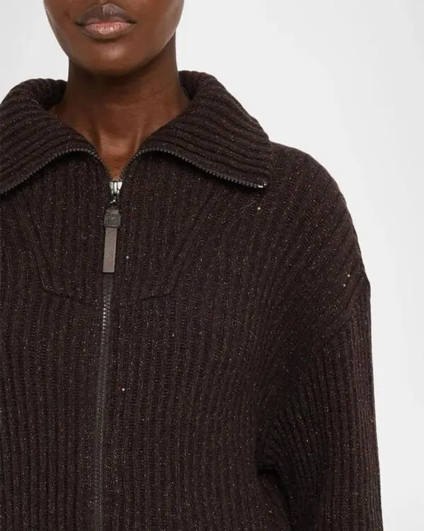 Brunello Cucinelli Shimmering Cashmere-wool Rib Zip Cardigan - C9792