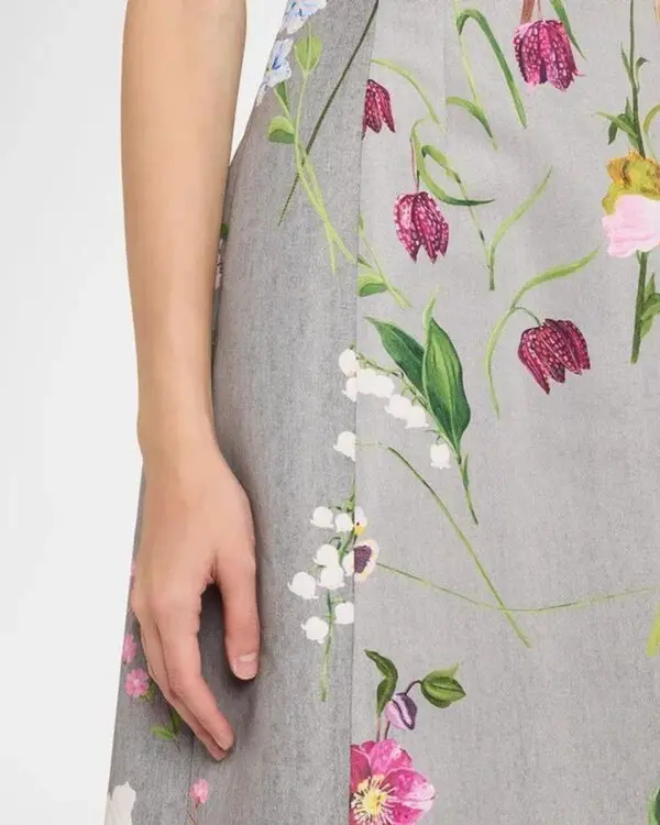 Oscar De La Renta Sleeveless Mixed Botanical Midi Day Dress - Grey Multi