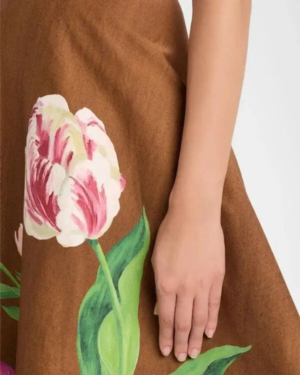 Oscar De La Renta Mixed Botanical Print Cotton Midi Skirt - Brown Multi