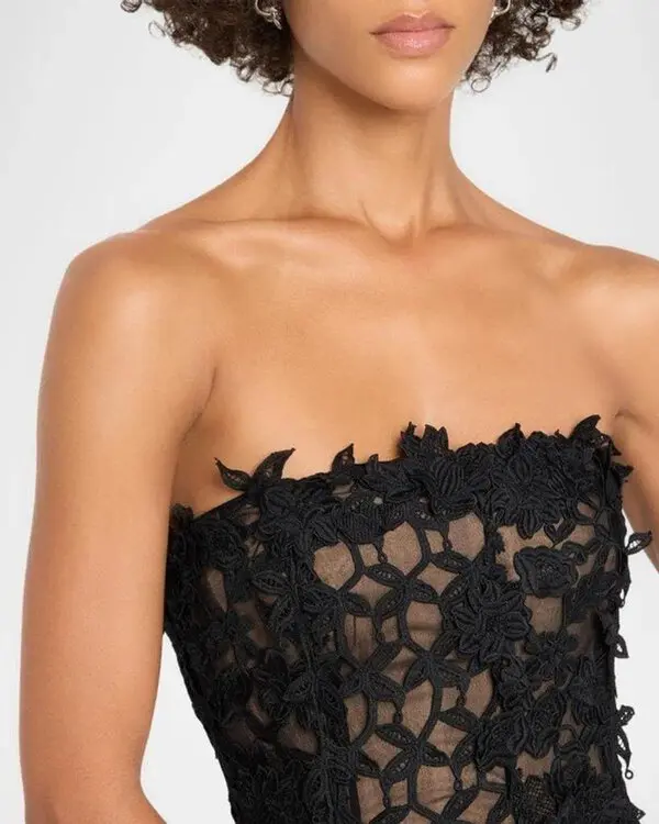 Oscar De La Renta Strapless Floral Lace Handkerchief Godet Ankle Dress - Black