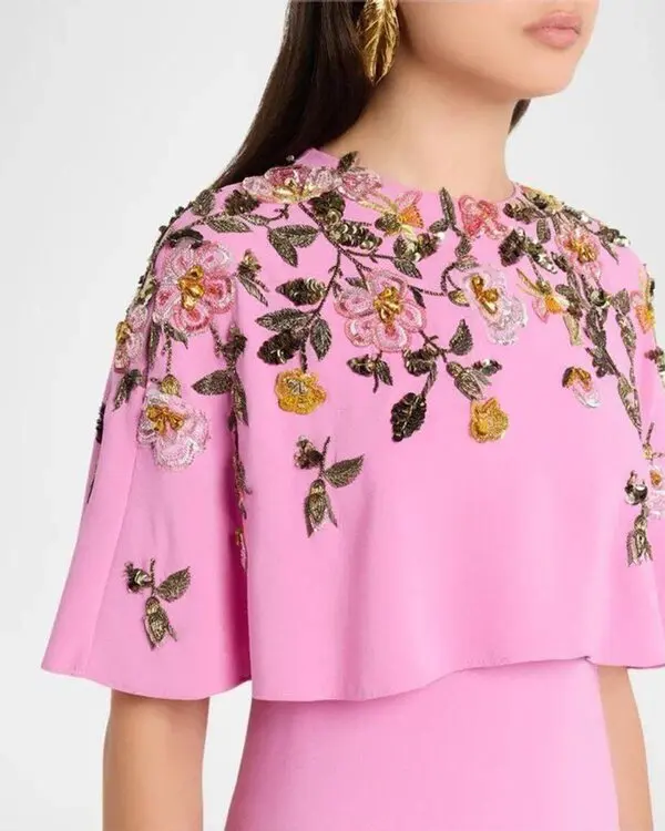 Oscar De La Renta Floral Beaded Capelet Silk Georgette Gown