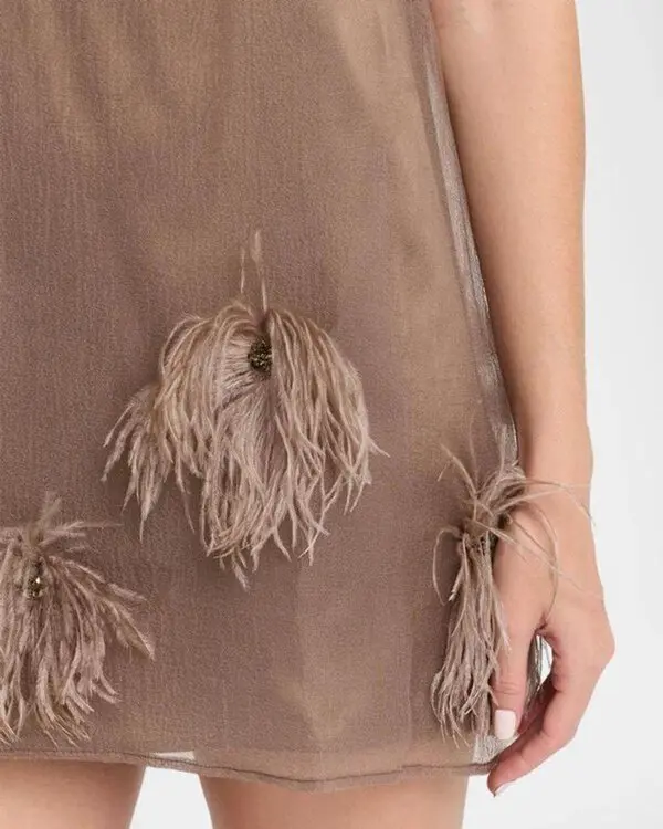 Staud Albee Feather-embellished Mesh Mini Dress - Truffle