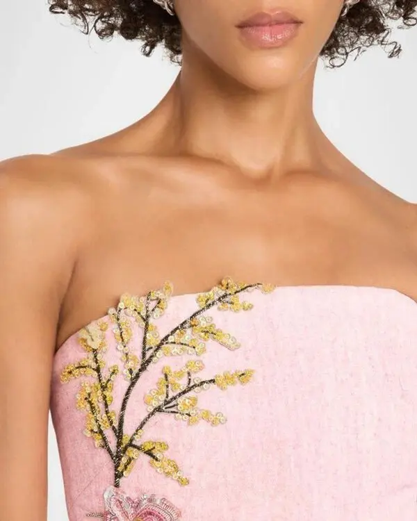 Oscar De La Renta Strapless Beaded Flower Column Gown - Blush