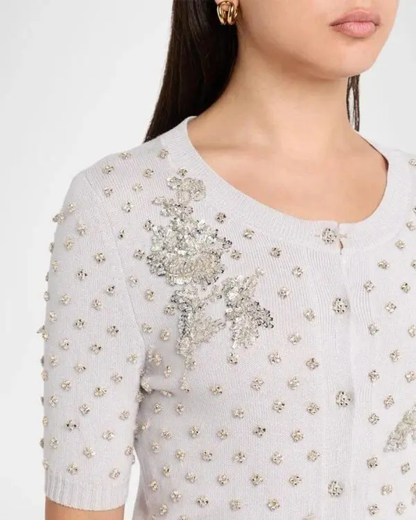 Oscar De La Renta Crystal Floral Embellished Short-sleeve Cardigan - Grey