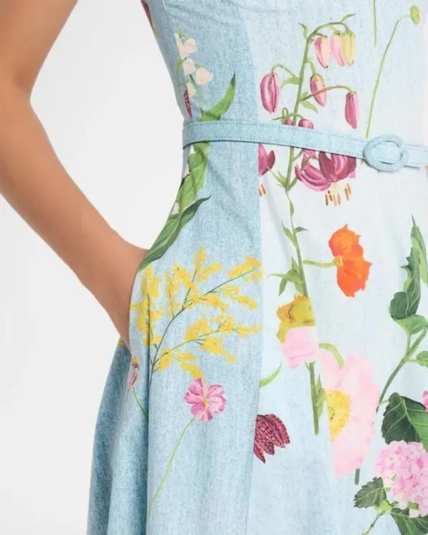 Oscar De La Renta Sleeveless V-neck Mixed Botanical Midi Day Dress - Blue Multi
