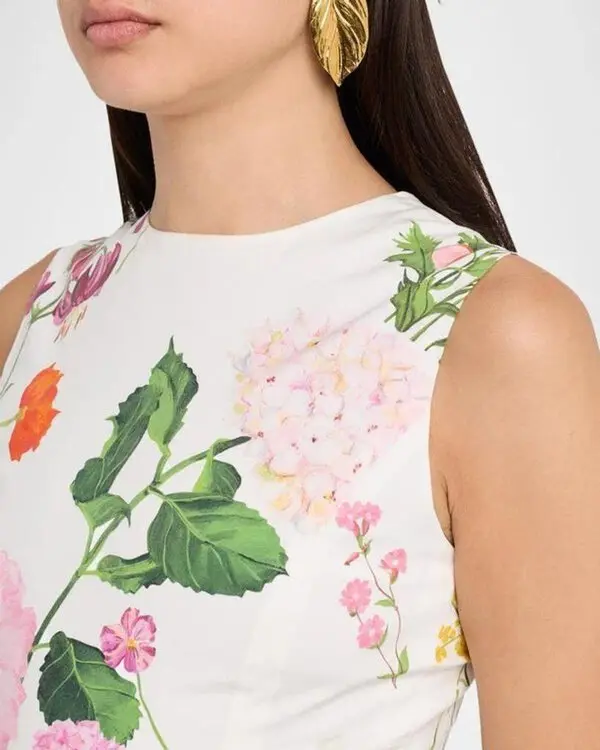 Oscar De La Renta Sleeveless Mixed Botanical Pleated Midi Day Dress With Belt - White Mult