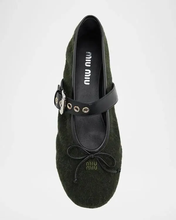 Miu Miu Flannel Leather-strap Ballerina Flats