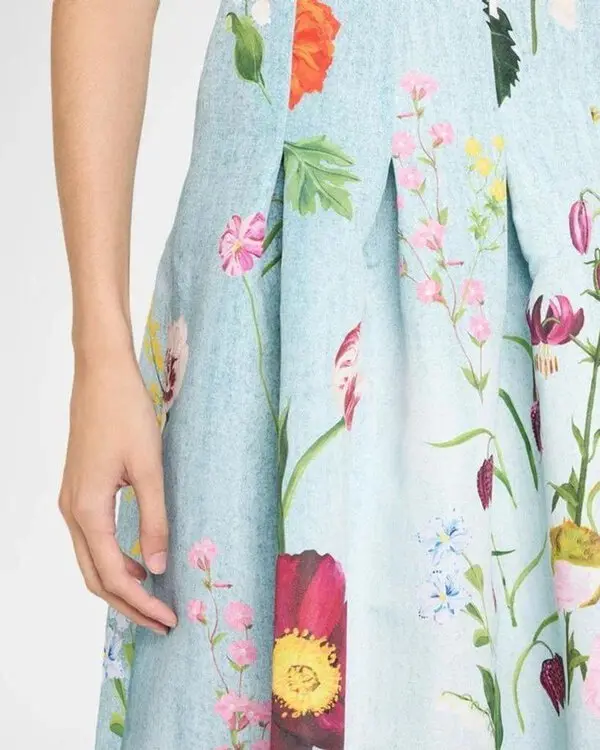 Oscar De La Renta Mixed Botanical Print Cotton Pleated Sleeveless Gown - Blue Multi