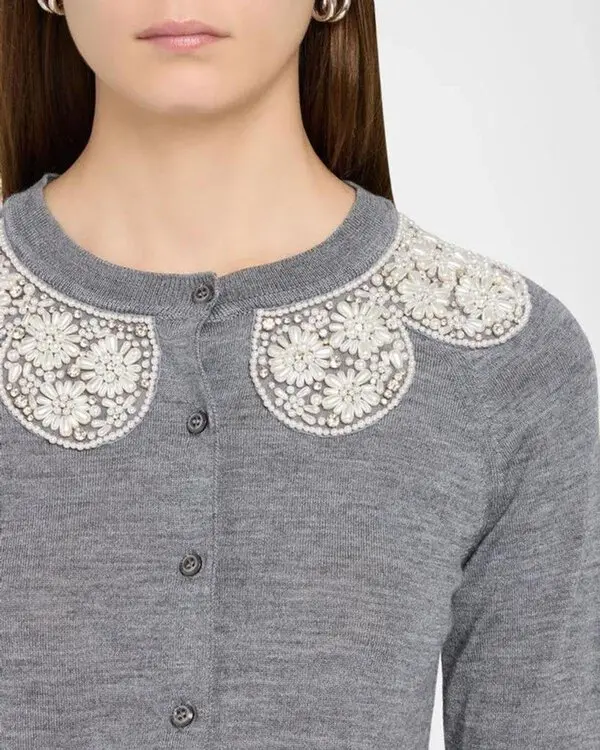 Simone Rocha Embellished Classic Merino Wool-silk Crewneck Cardigan