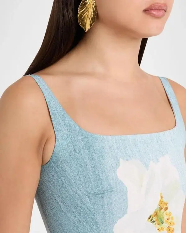 Oscar De La Renta Sleeveless Scoop-neck Peony Faille Midi Day Dress - White/blue