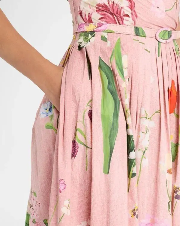 Oscar De La Renta Sleeveless Mixed Botanical Draped Cotton Midi Dress - Blush Mult