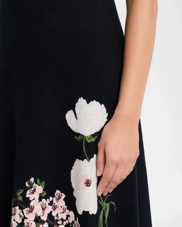 Oscar De La Renta Short-sleeve Multi Floral Knit Midi Dress - Navy