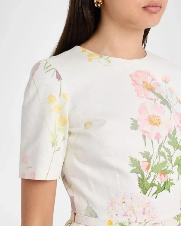 Oscar De La Renta Faded Botanical Short-sleeve Midi Dress With Belt - White Mult