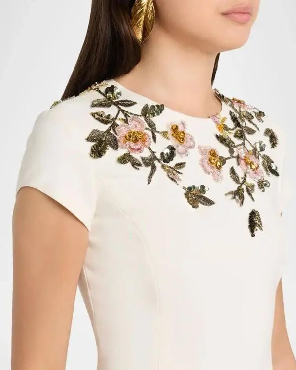 Oscar De La Renta Short-sleeve Beaded Sheath Midi Dress