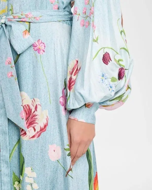 Oscar De La Renta Long-sleeve Mixed Botanical Silk Twill Belted Maxi Dress - Blue Multi