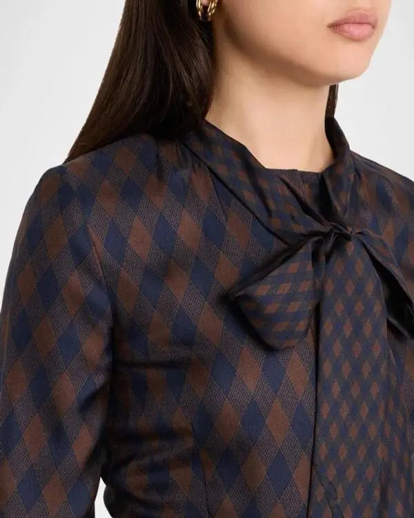 Oscar De La Renta Long-sleeve Tie-neck Argyle Silk Midi Dress - Navy/brown