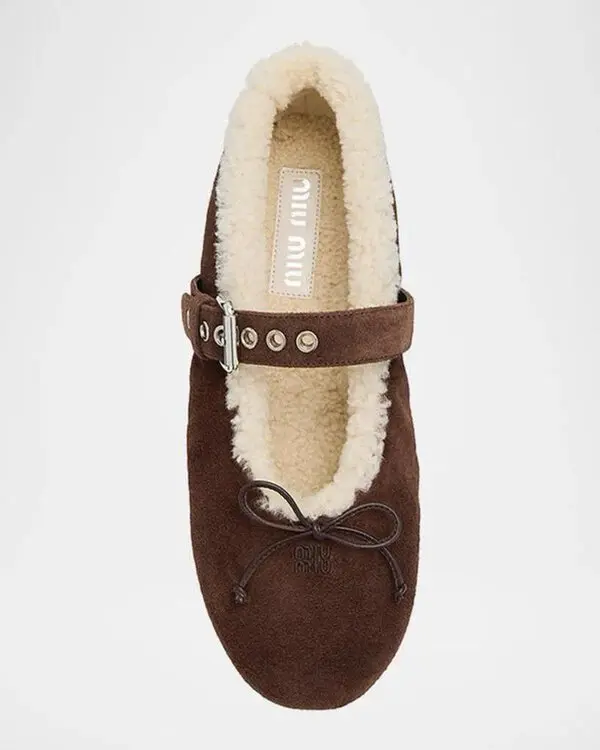 Miu Miu Shearling-lined Suede Mary Jane Ballerina Flats