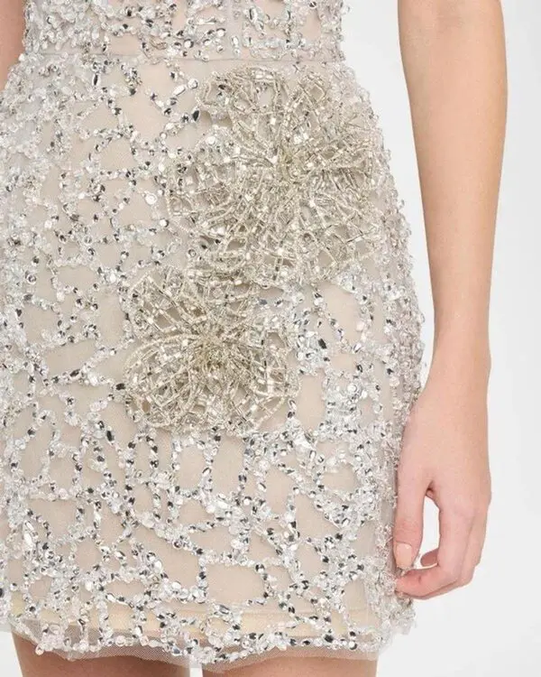 Oscar De La Renta Crystal Leaves Embroidered Strapless Mini Dress - Silver