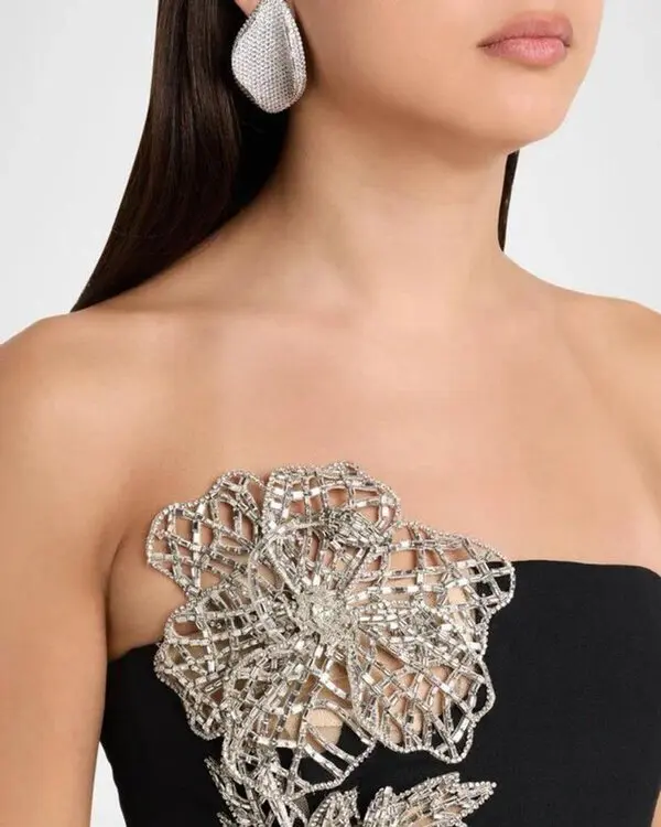Oscar De La Renta Strapless Crystal Floral Inset Column Gown - Black