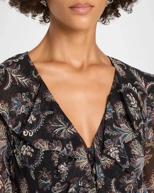 Veronica Beard Adrienne Paisley Silk Ruffle Minidress - Black Mult