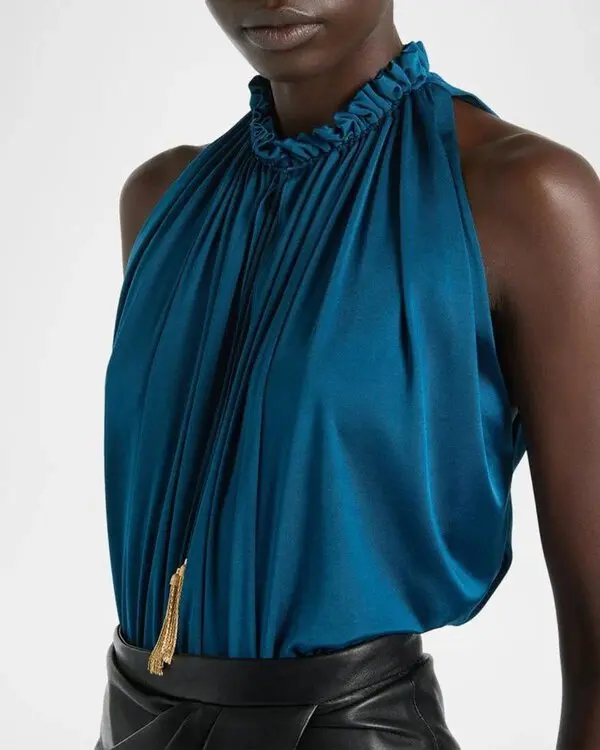 Balmain Sleeveless Tassel Gathered Jersey Halter Top - Blue
