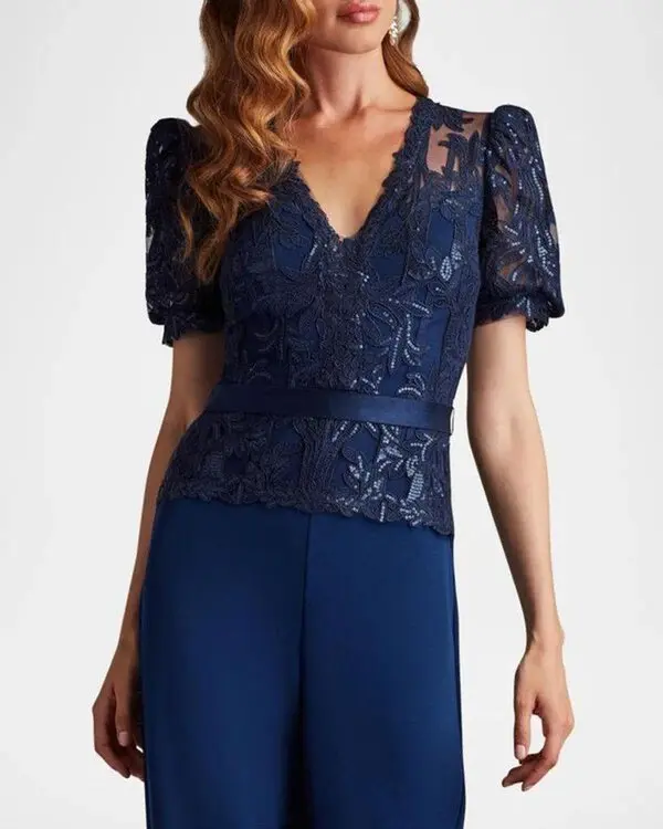 Tadashi Shoji Sequined Lace Crepe V-neck Jumpsuit - Midnight