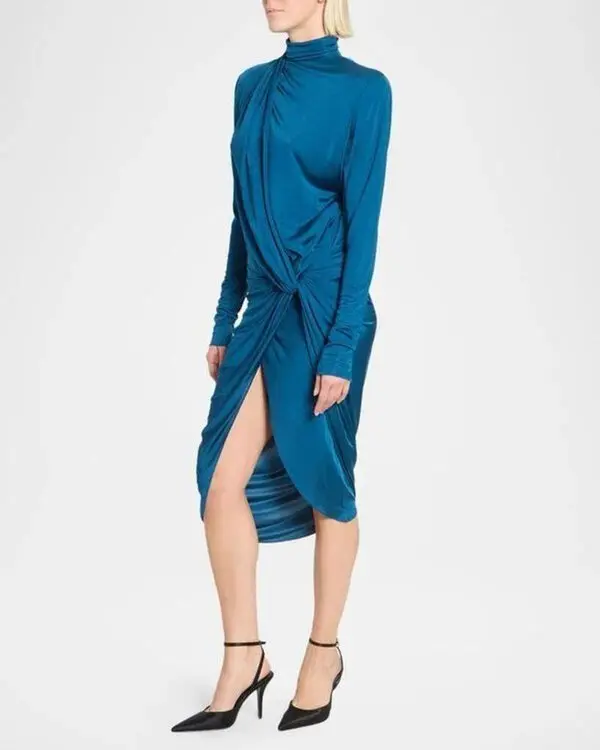 Balmain Strong-shoulder Draped Jersey Long-sleeve Dress