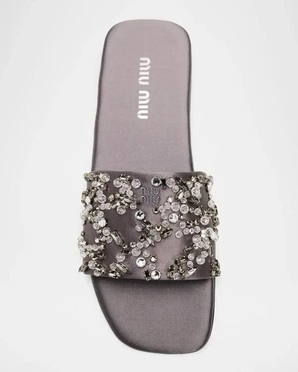 Miu Miu Embellished Satin Slide Sandals - Ferro