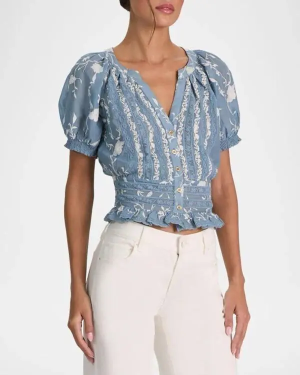 Alice + Olivia Kathryn Embroidered Short-sleeve Blouse
