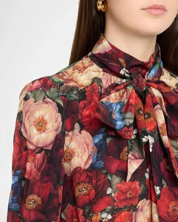 Adam Lippes Joan Floral Silk Neck Scarf Long-sleeve Top