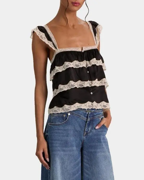 Alice + Olivia Sylvie Tiered Lace Crop Top - Black