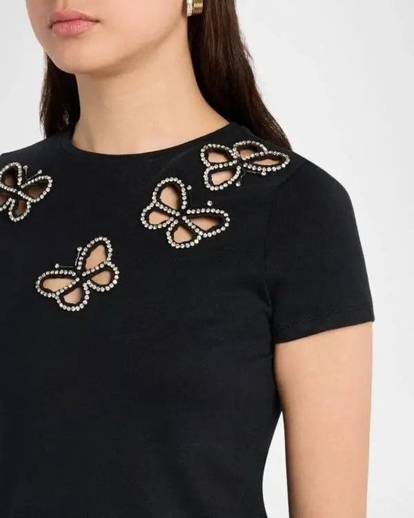 Alice + Olivia Cindy Embellished Butterfly Cropped T-shirt - Black/silv