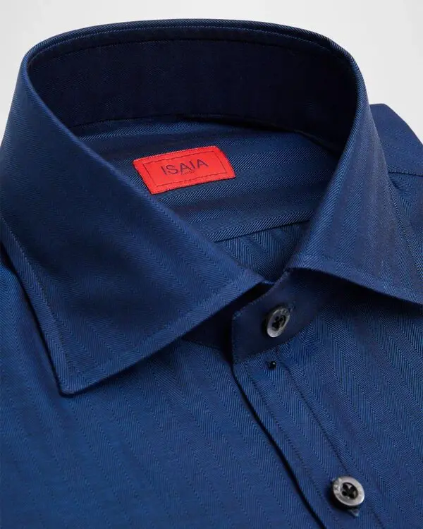 Isaia Apos;s Cotton Micro-herringbone Dress Shirt - Blue