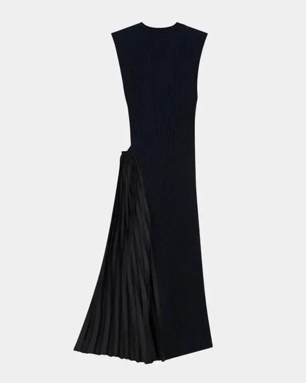 Emporio Armani Pleated-inset Rib Knit Midi Dress - Solid Blac