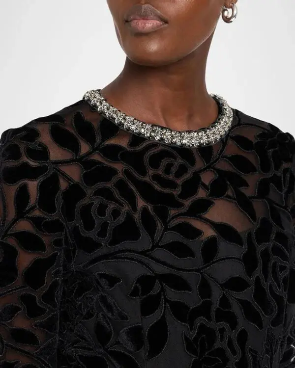 Rickie Freeman For Teri Jon Rhinestone-trim Floral Velvet Crepe Midi Dress - Black