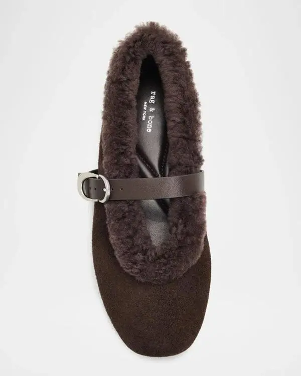Rag & Bone Spire Shearling-lined Suede Mary Jane Ballerina Flats - Dark Choco