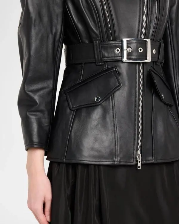 Simone Rocha Sculpted Belt Leather Moto Jacket - Black