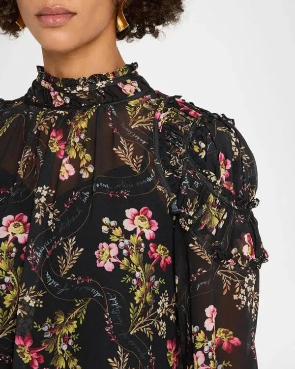 Cinq À Sept Long-sleeve Love Letter Floral Blouse - Black Multi