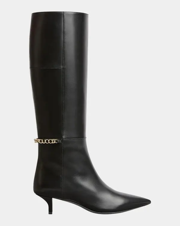 Gucci Signoria Leather Logo Chain Tall Boots