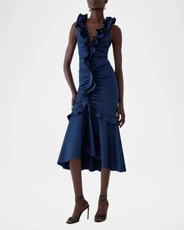 Carolina Herrera Sleeveless V-neck Ruched And Ruffled Midi Dress - Midnight