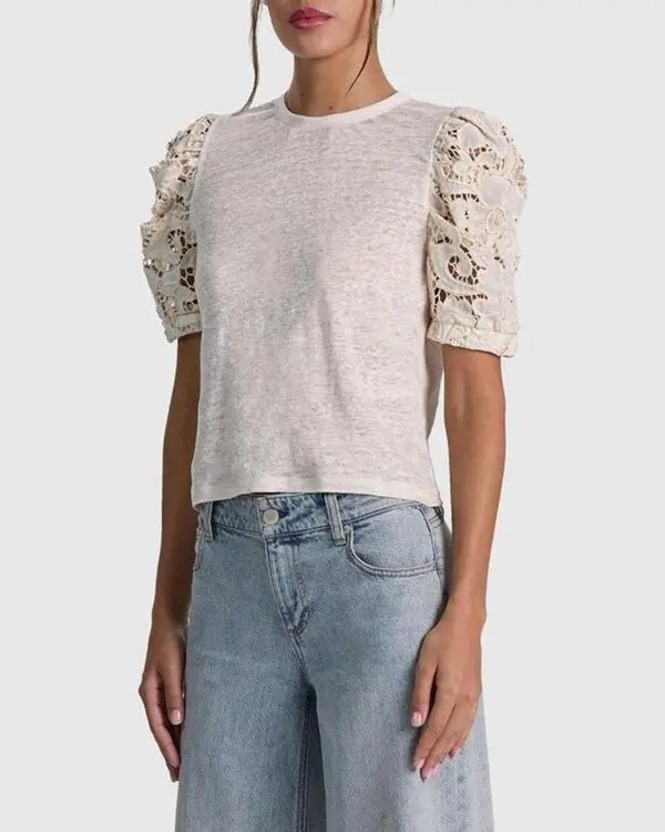 Alice + Olivia Tyler Lace-sleeve Crewneck Top - Natural