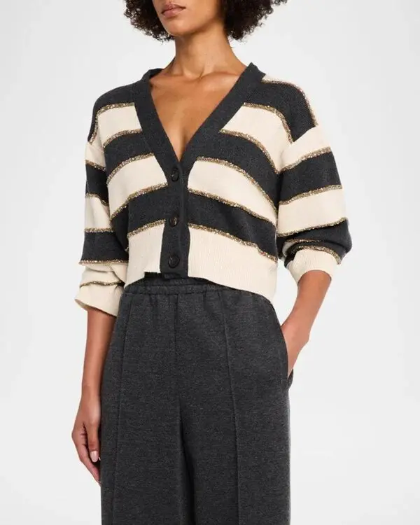 Brunello Cucinelli Luminous Striped Cashmere Crop V-neck Cardigan - Cdl34