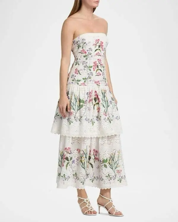 Hemant & Nandita Floral Cotton Tiered Strapless Maxi Dress